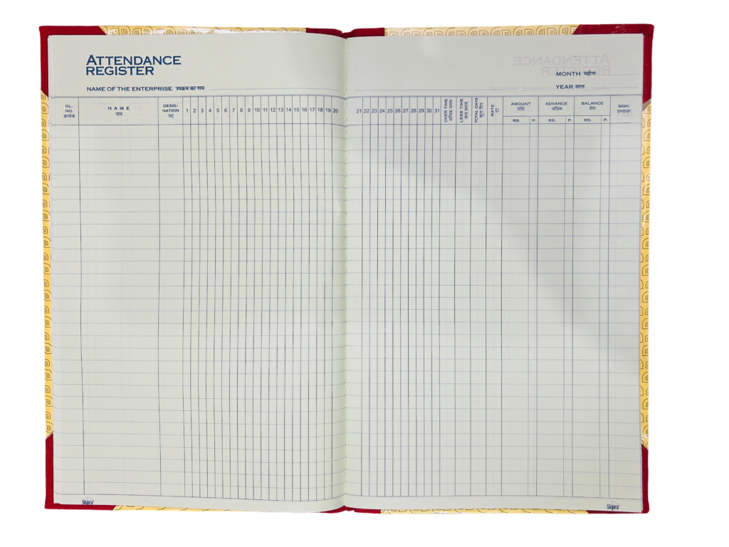 Shipra Attendance Register Plain-19*32 cm-65gsm-220pg (4Q) – OfficeDel
