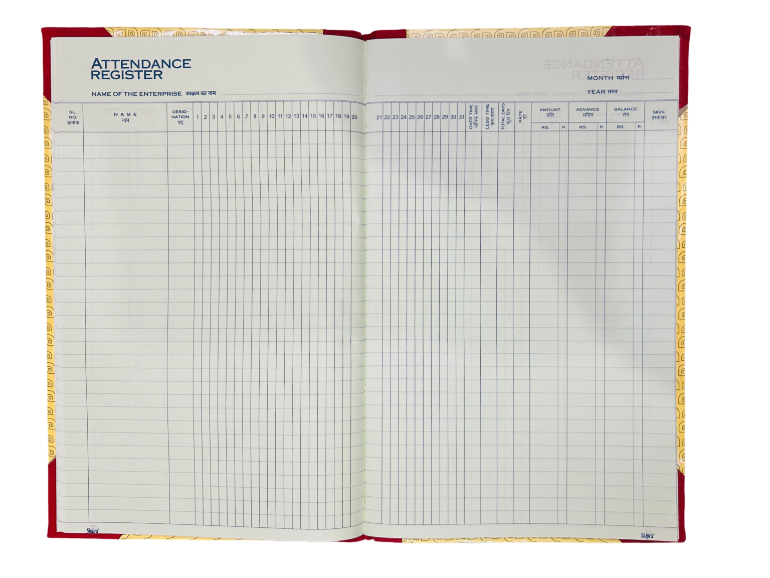 Shipra Attendance Register Plain-19*32 cm-65gsm-110pg (2Q) – OfficeDel